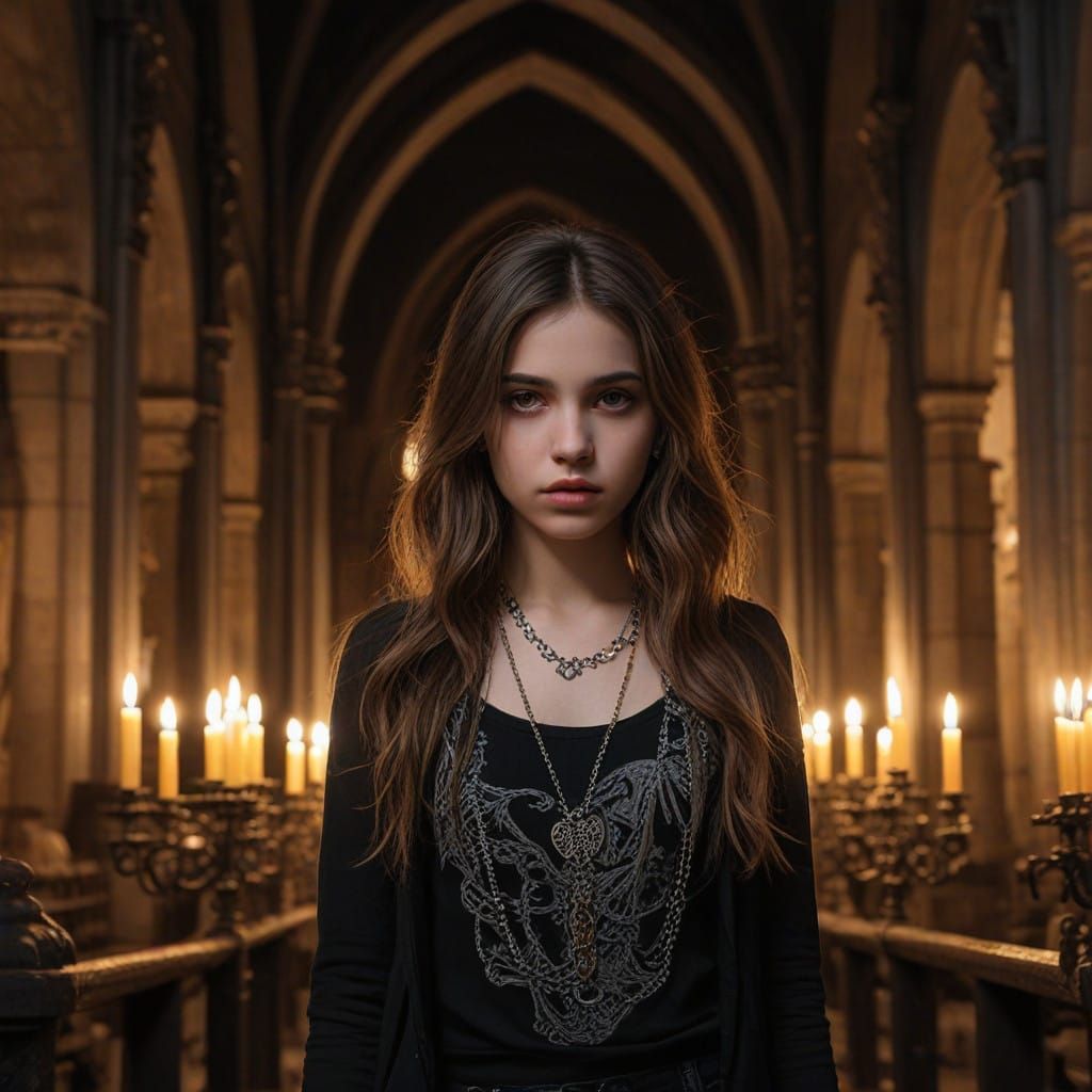 Hyper-realistic Gothic-child, long, dark brown hair that falls in loose ...