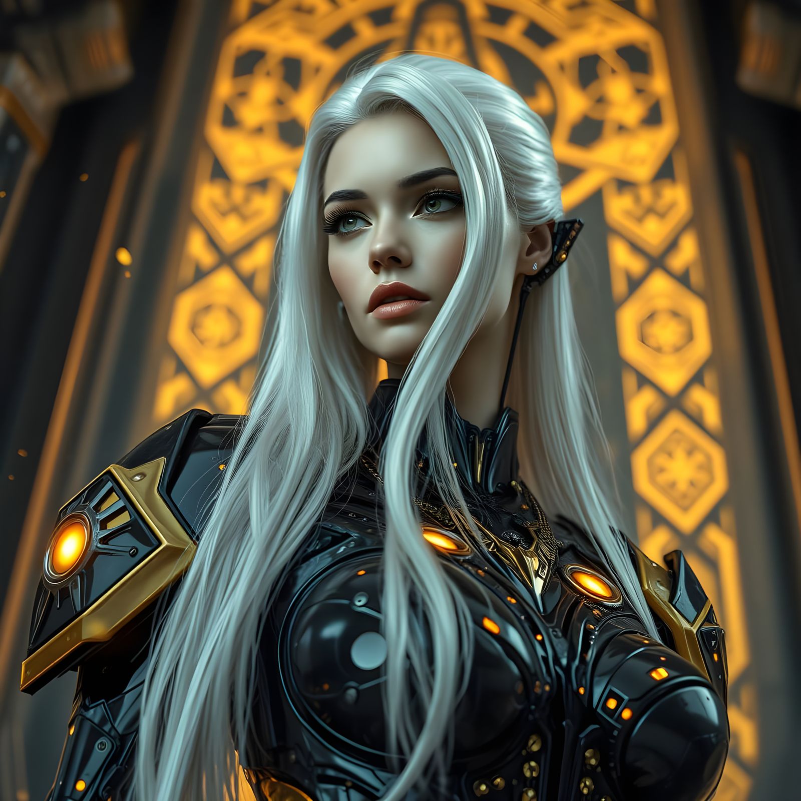 errealistic sci-fi femme warrior in a dark tech temple, futuristic ...