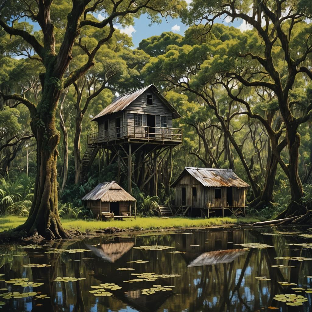 Old Creole huts in the swamp land - AI Generated Artwork - NightCafe Creator