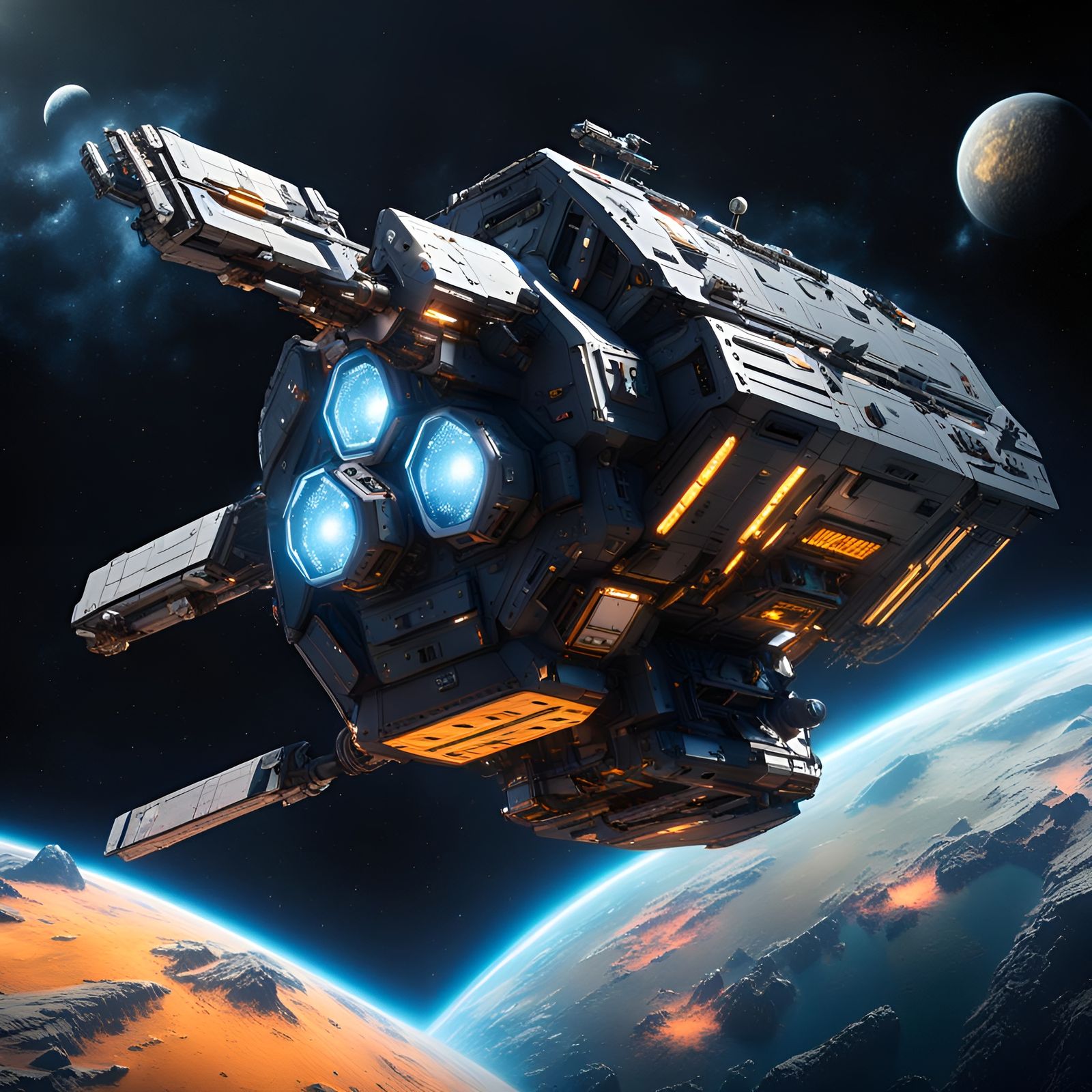 Futuristic defense satellite in space orbit in the Battletech universe ...