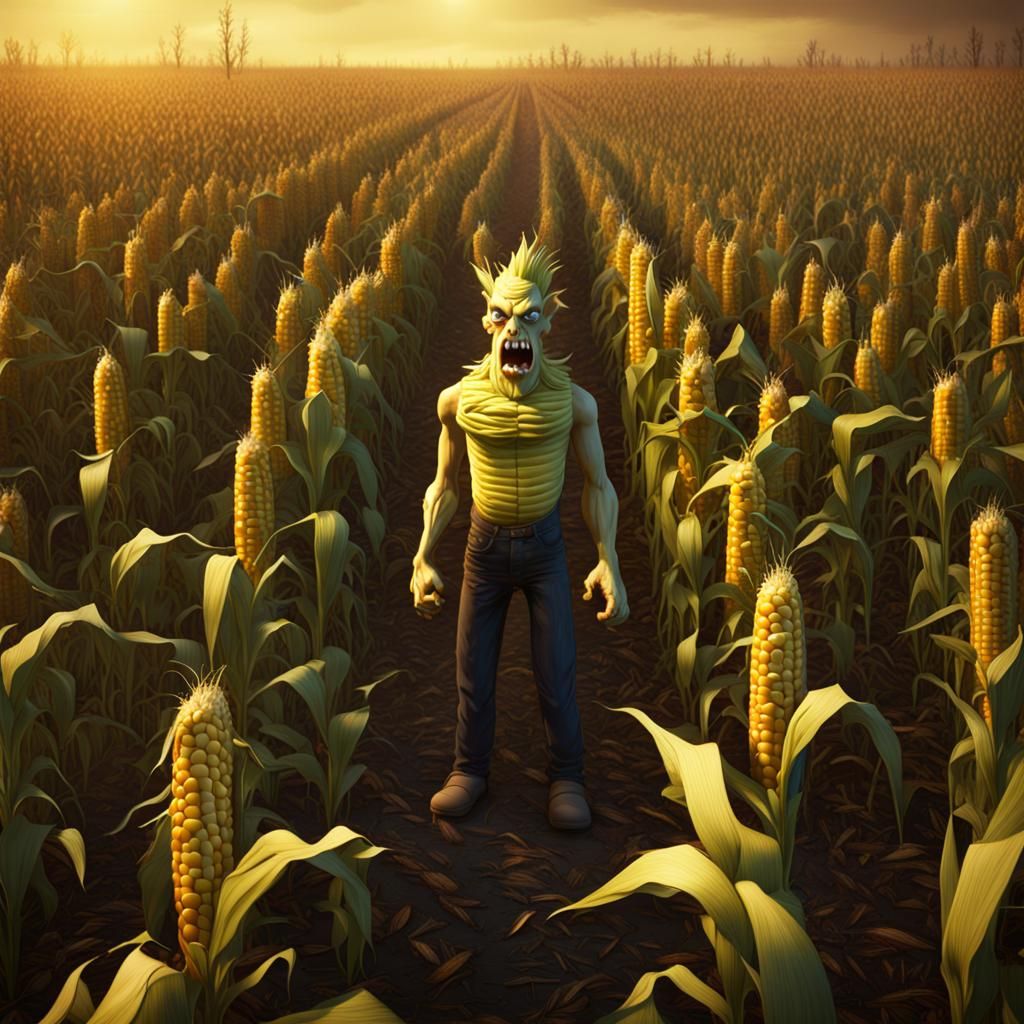 Corn man cartoon, angry, violent, evil, scary, corn field, unreal ...