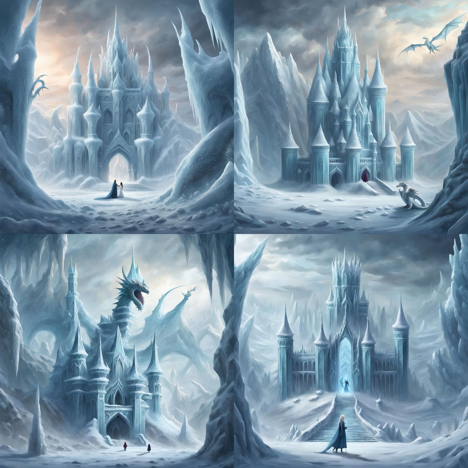 Scene: Ice palace with intricate towers and arches emerges from a ...