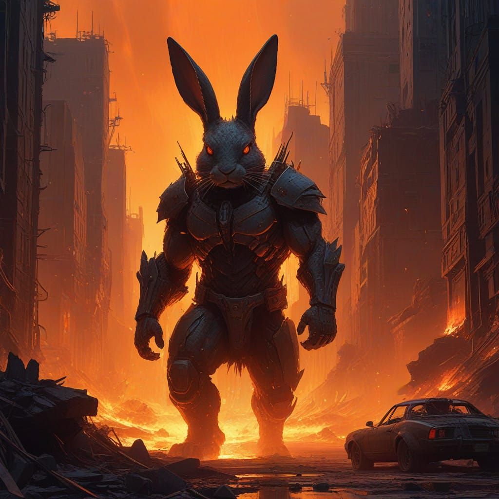 A colossal, ferocious rabbit composed entirely of molten, liquid fire ...