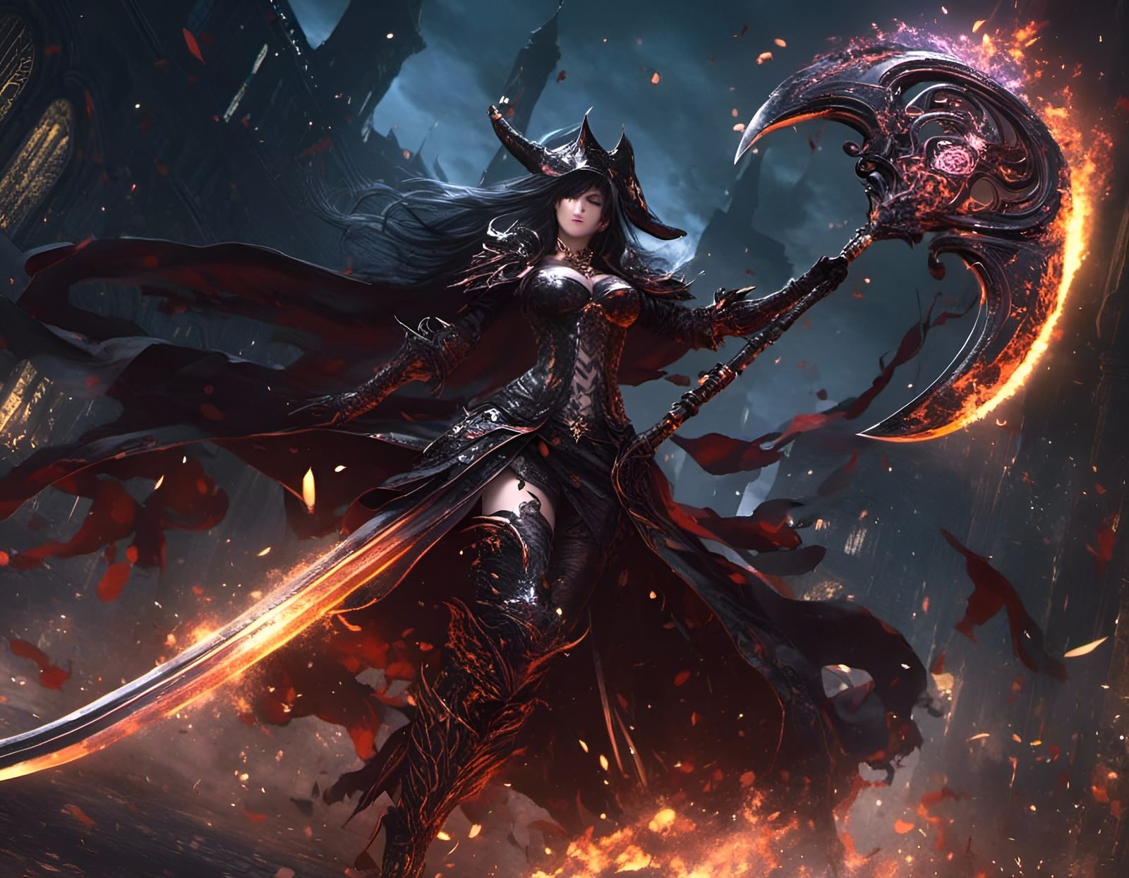 Sorceress holding her Unique Elemental Scythe - AI Generated Artwork - NightCafe Creator