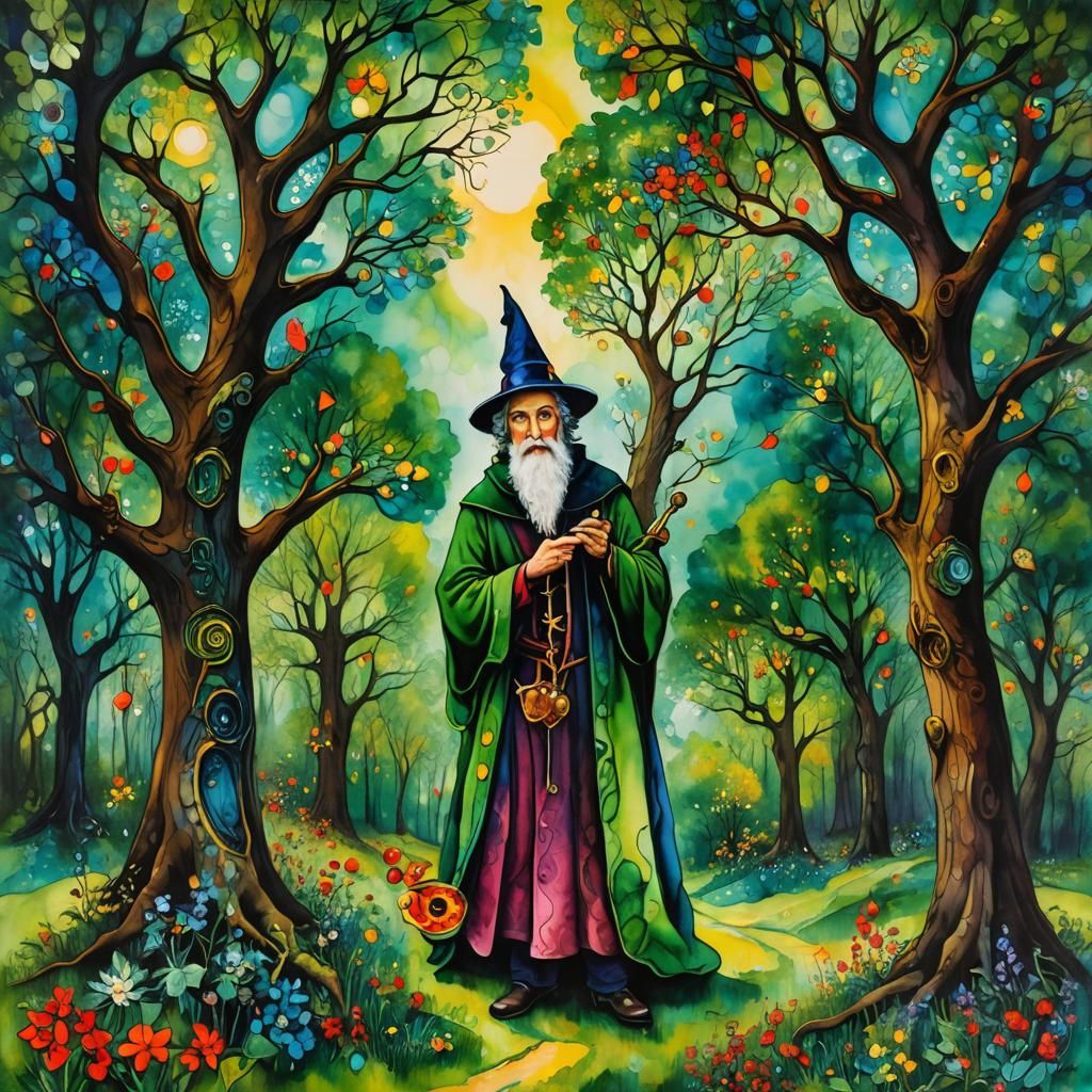 Wizard, Oak glade, magical, surreal, alcohol ink, Marc Chagall, - AI ...