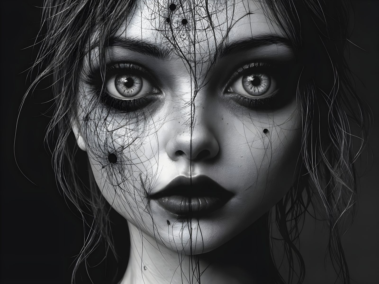 Close up,. A split personality. The same face. One side that hungers for attention. The other ...