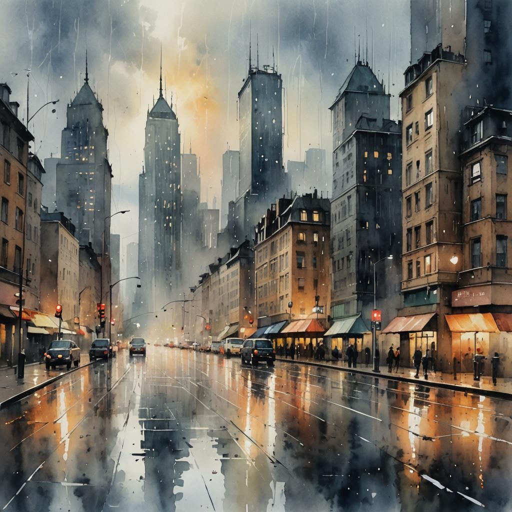 Raining in the city. - Rainy City Watercolor Scene in Vibran...