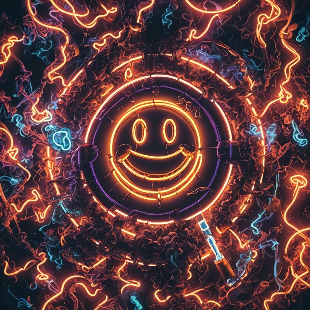 Smiley face design in neon lights smoking a joint - AI Generated ...