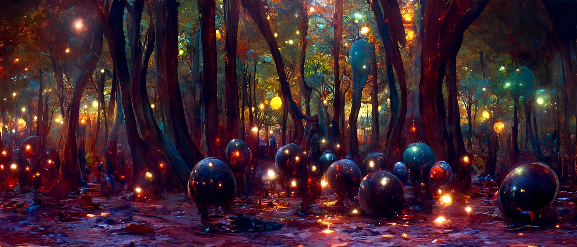 Fairy forest, shimmering balls of light float between the trees, by ...