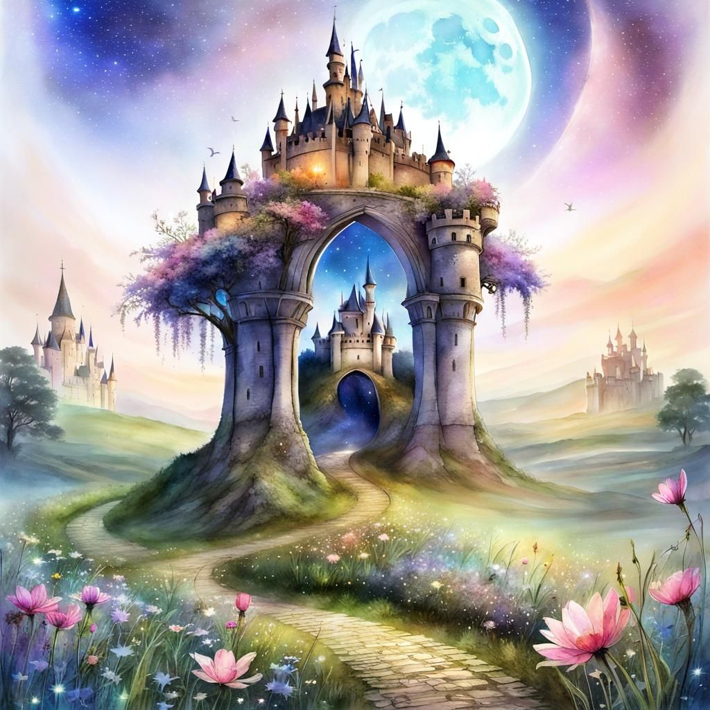 Watercolor faerie castle portal - AI Generated Artwork - NightCafe Creator