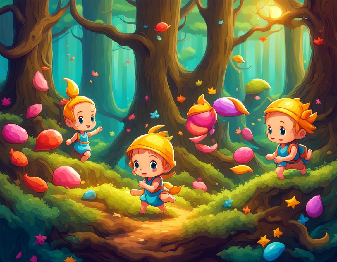 beautiful vibrant fantasy of cute baby sprites playing in a beautiful ...