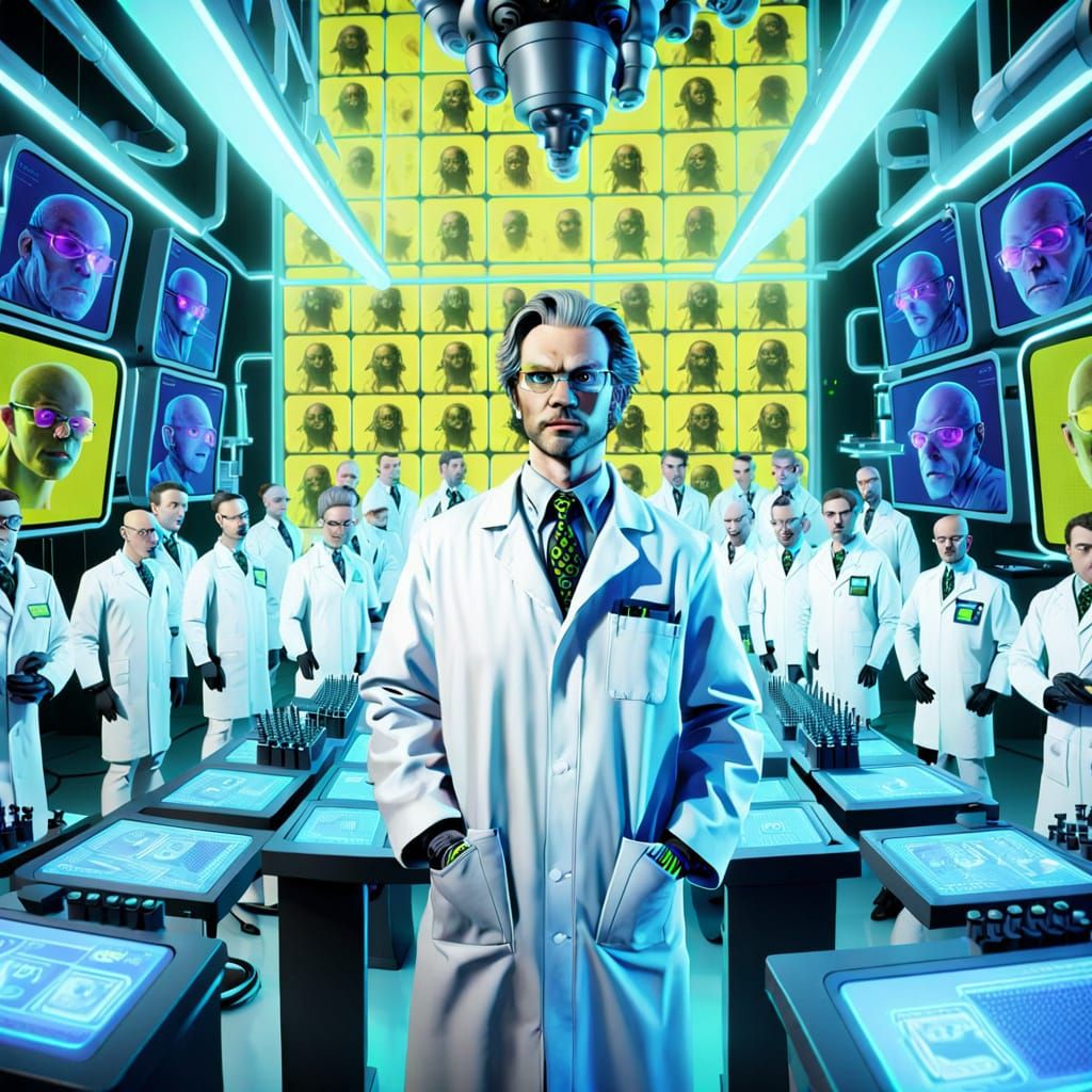 Mad Scientist Surrounded by Clones in Neon-Lit Lab... - AI Art