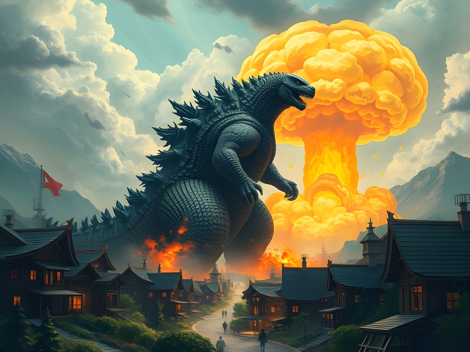 Solarpunk Settlement on fire being burned to the ground by Godzilla ...