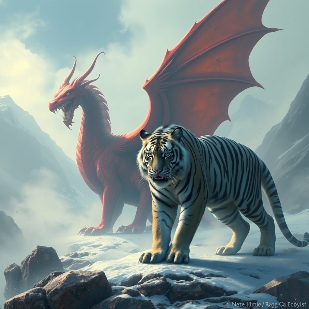 Majestic Tiger and Dragon in Icy Landscape - AI Art