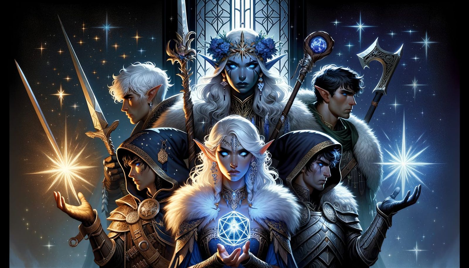 cover art for a dnd setting Called "Shadows and Stars" in the banner ...