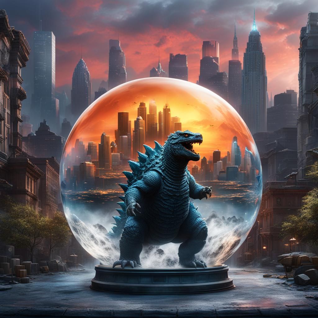 crystal ball with a godzilla in a citv - AI Generated Artwork ...