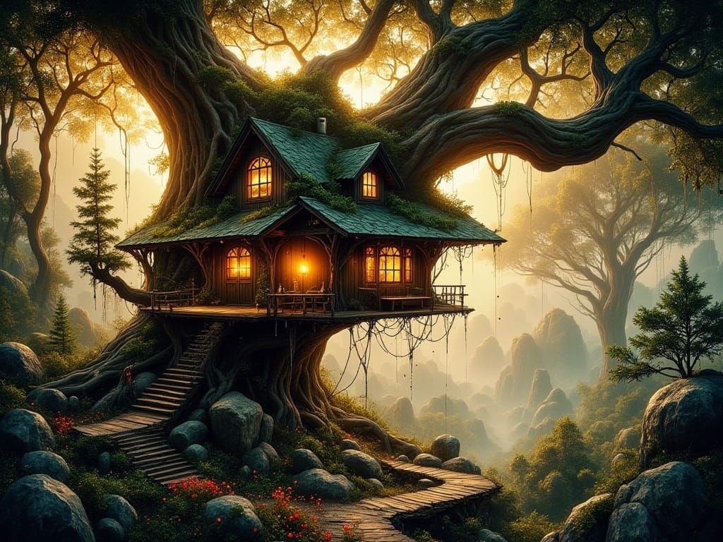 A whimsical treehouse, adorned with twisted wooden beams and lush ...