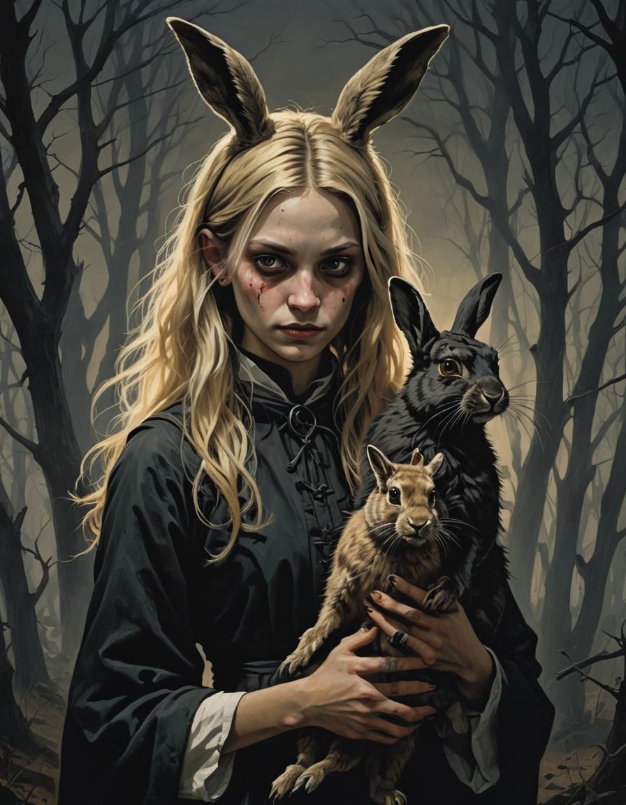 dark folk-horror blond puritan teen girl witch holding creepy wild-hare ...