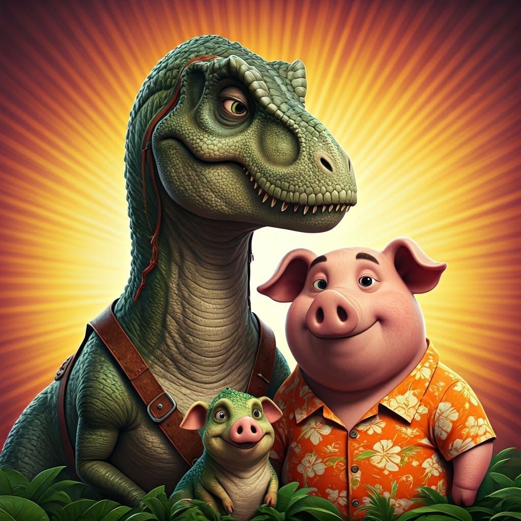 T-Rex, Pig, and Hybrid Child Family Portrait in Vi... - AI Art