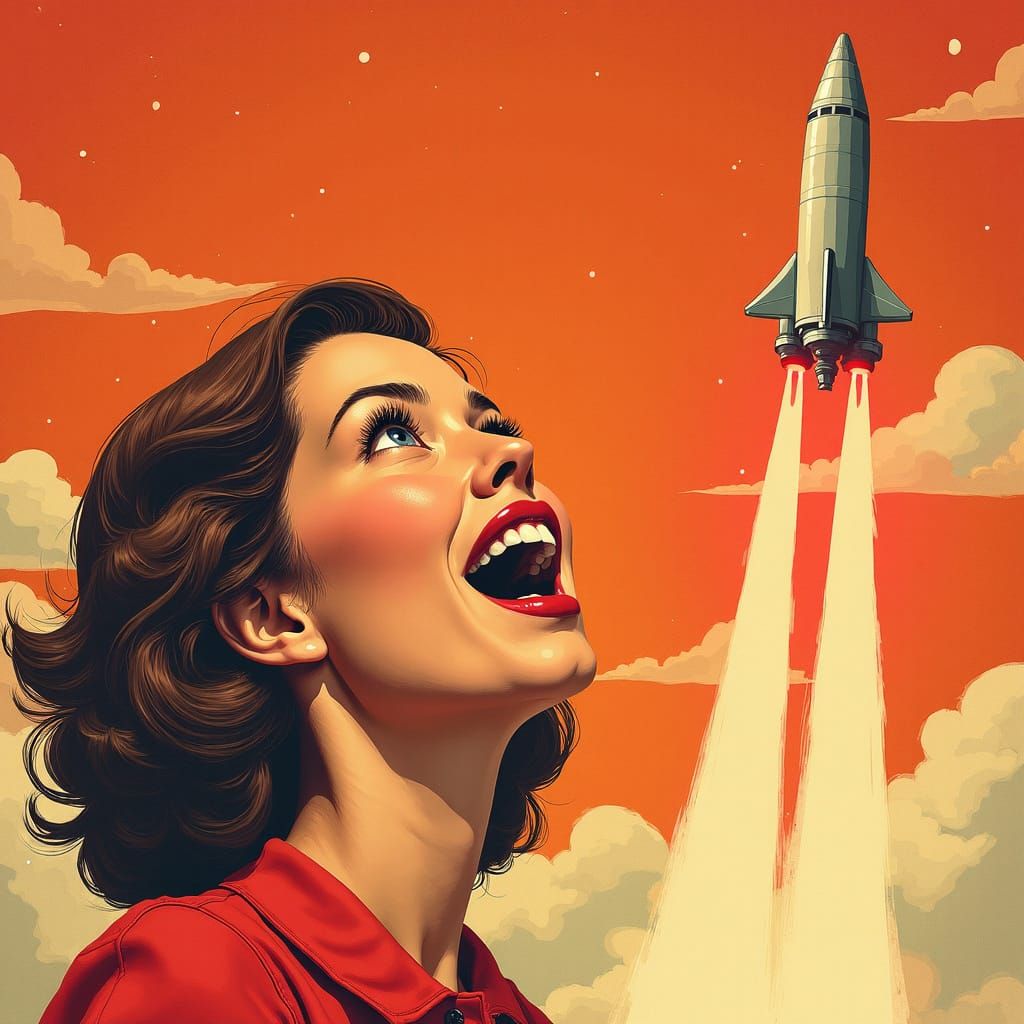 Astonished Woman Watches Vintage Rocket Ship Soar ... - AI Art