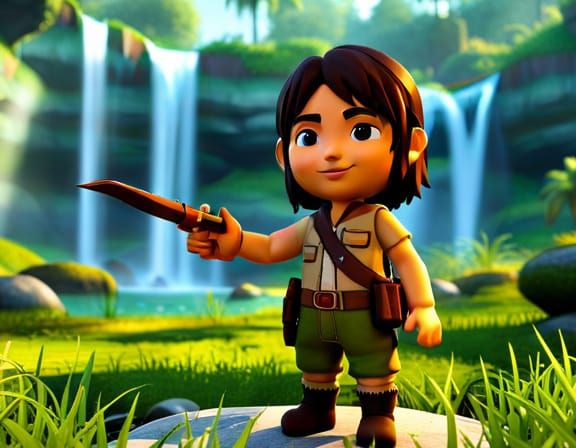 the overdetailed mid-depth shot of a 3d chibi-style indigenous hunter ...