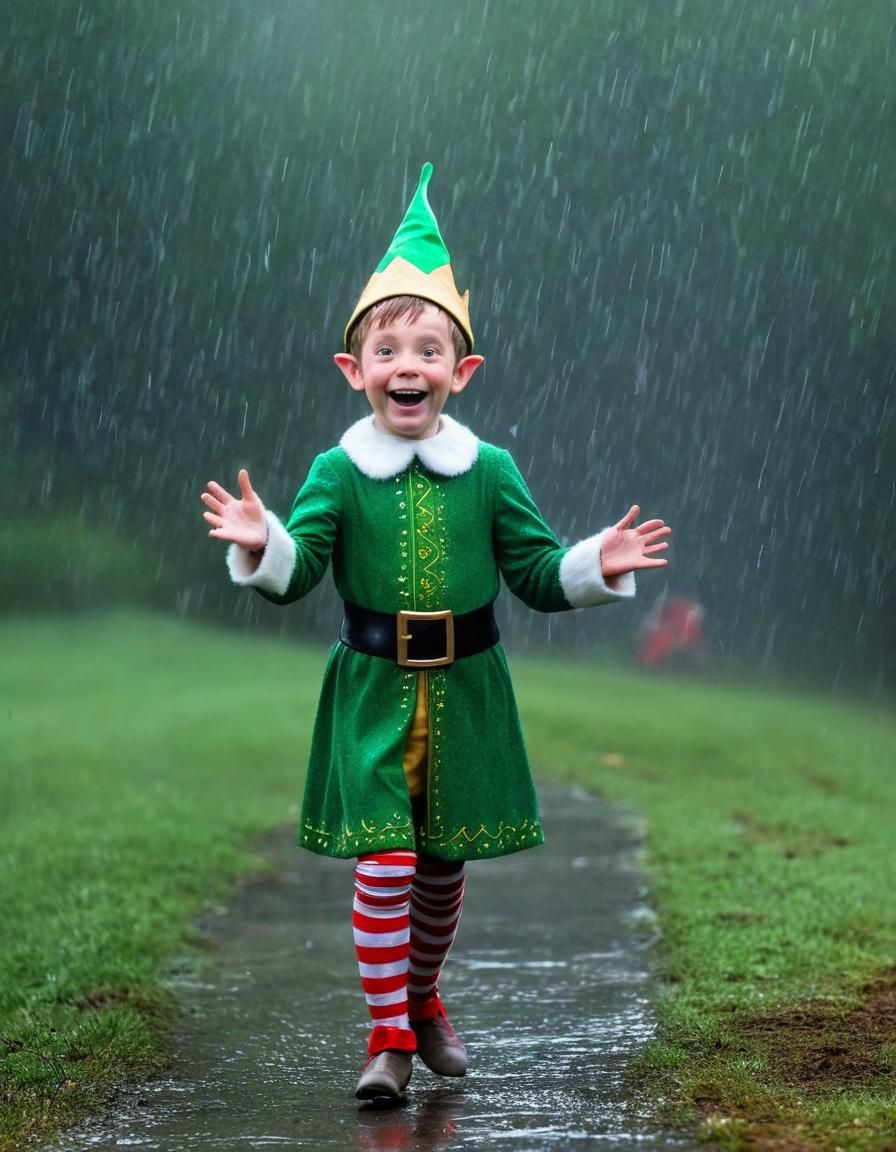 Sparkly rain falling on a happy elf moving through mist - AI Generated ...