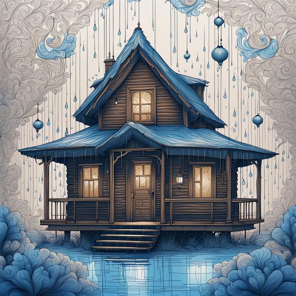 Cabin in the rain - Charming Rainy Cabin in Whimsical Line D...