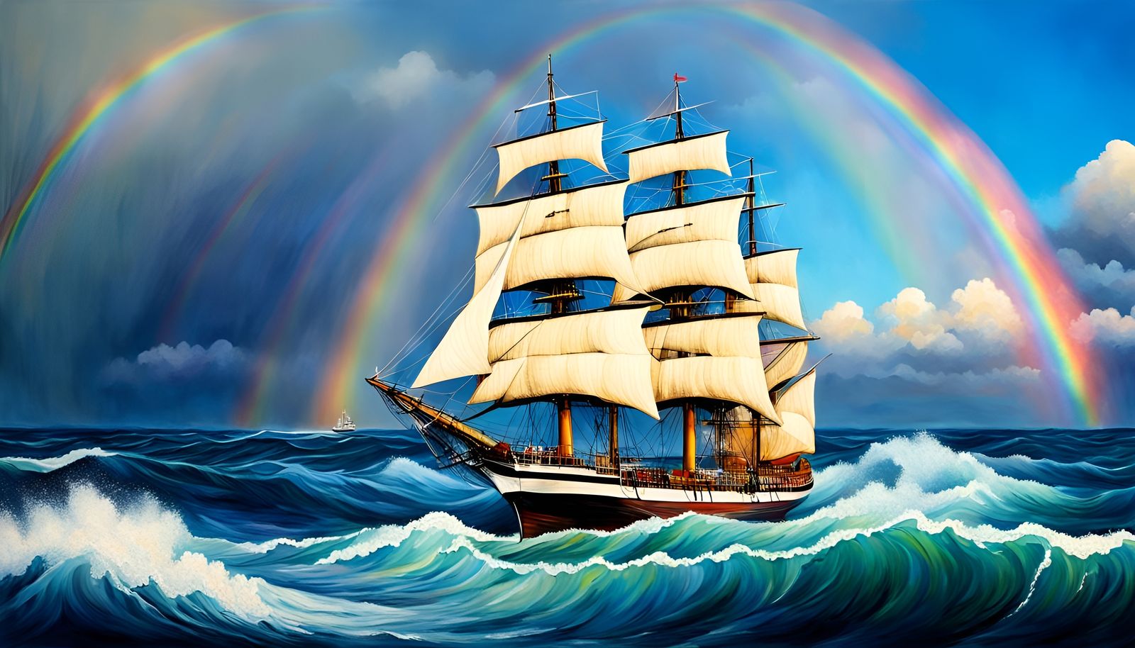 a ship, sailors, ocean waves, seascape, blue sky, rainbow, sunset ...