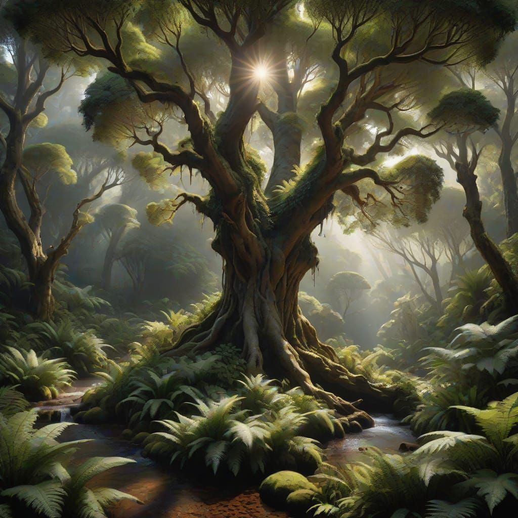 abstract new zealand bush::(Punga, ferns, stream, Rimu trees, Kauri ...