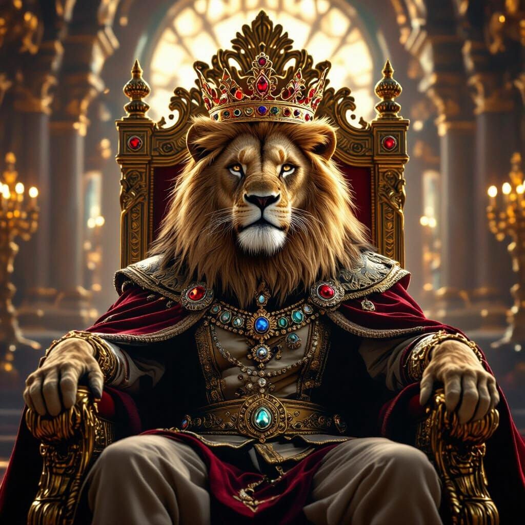 Crowned Lion King on Jeweled Throne in Palace - AI Art