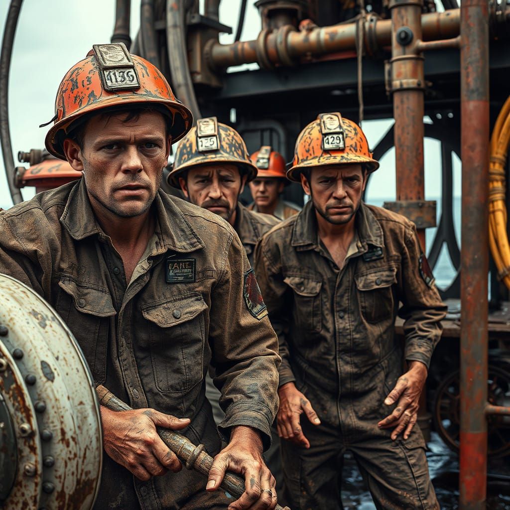 Dirty Jobs - Gritty Oil Rig Workers in a Hyperreal Scene