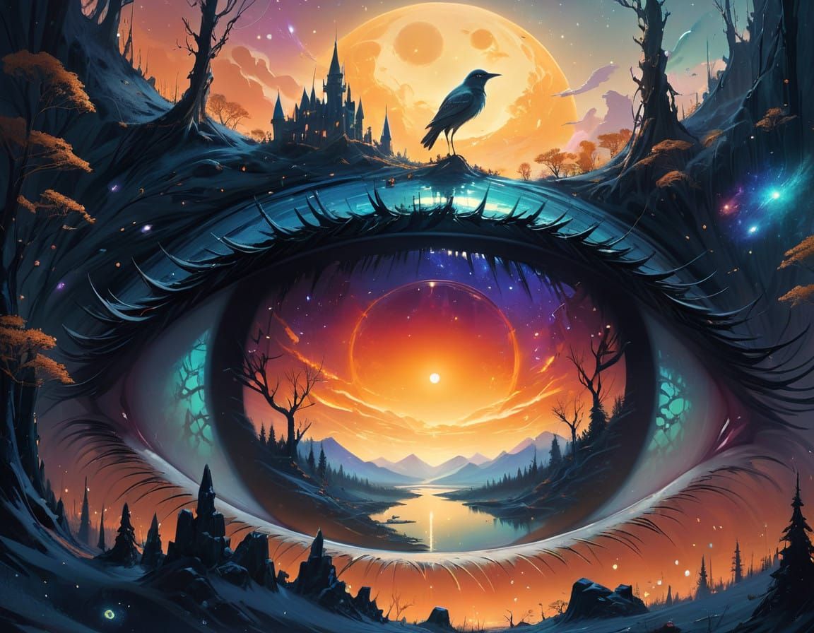 A colossal, glowing eyeball with iridescent sclera and thick, luxurious ...