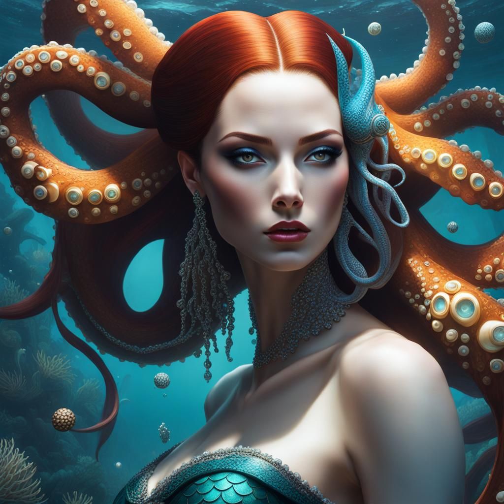 cinematic lighting, realistic, detailed, beautiful alluring gorgeous siren octopus mermaid ...