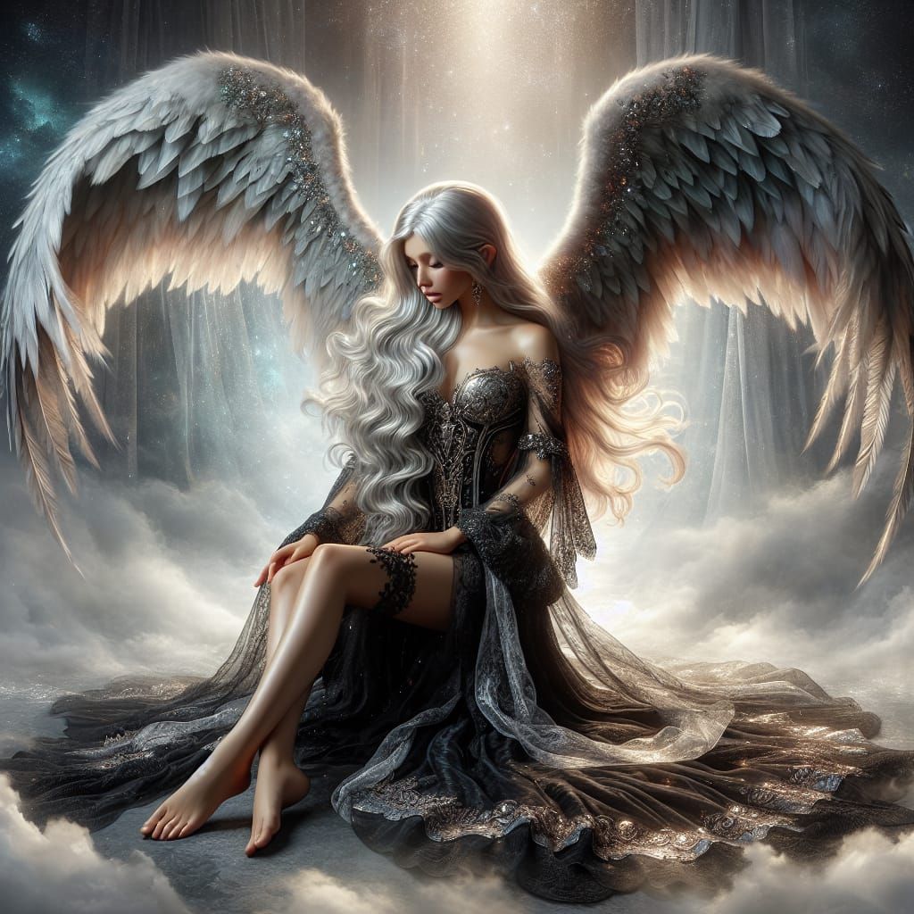A Serene Angel in Elegant Black Garb with Folded W... - AI Art