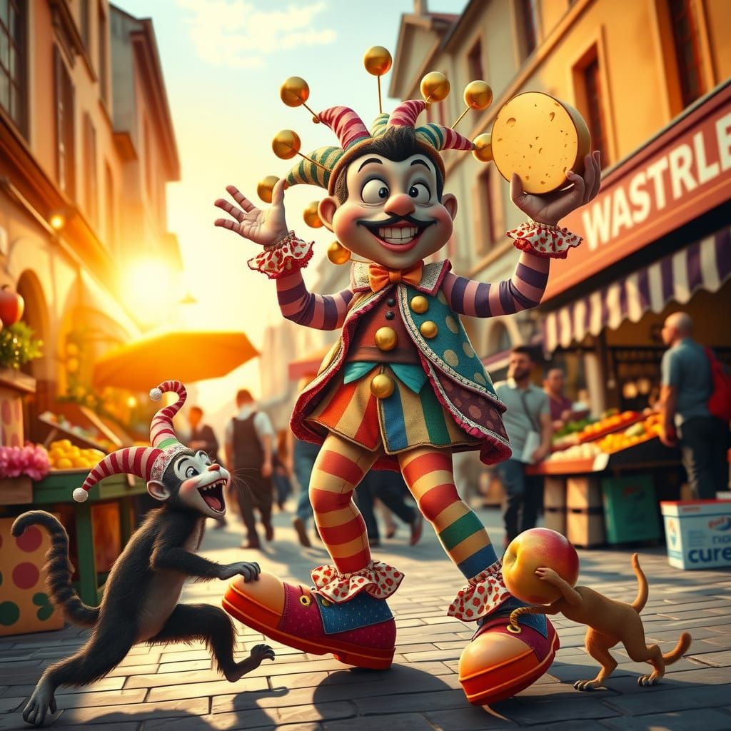 A whimsical, mischievous jester - Vibrant Jester in a Bustl...