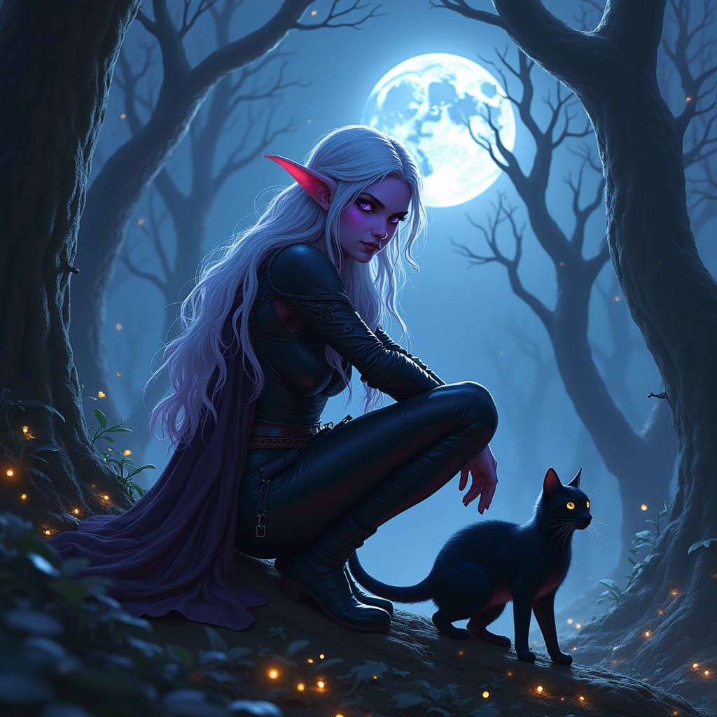 elf rogue with cat familiar - Elven Rogue in Moonlit Forest ...