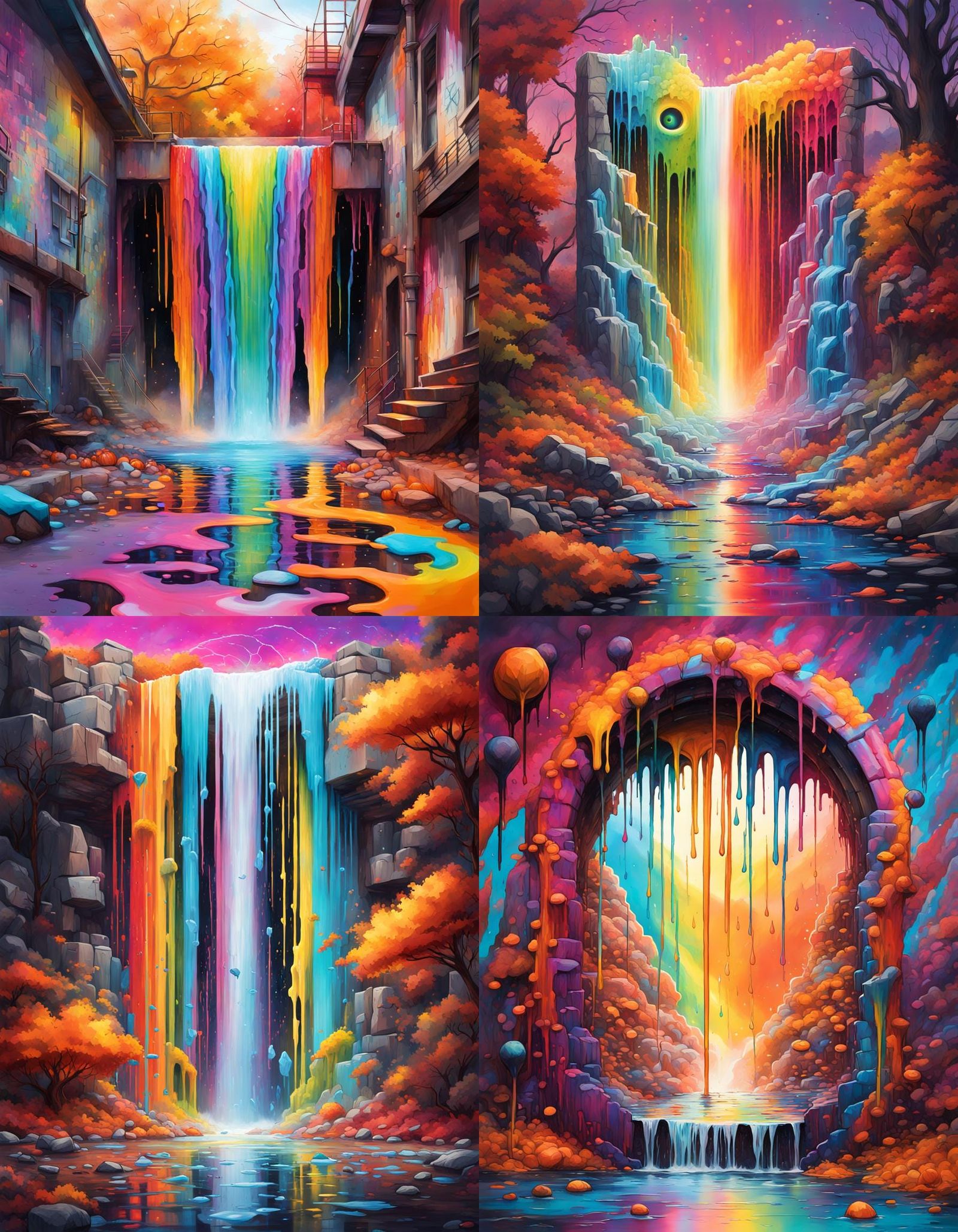 lumino kinetic with waterfall portals and rainbow shattered aura, fall ...