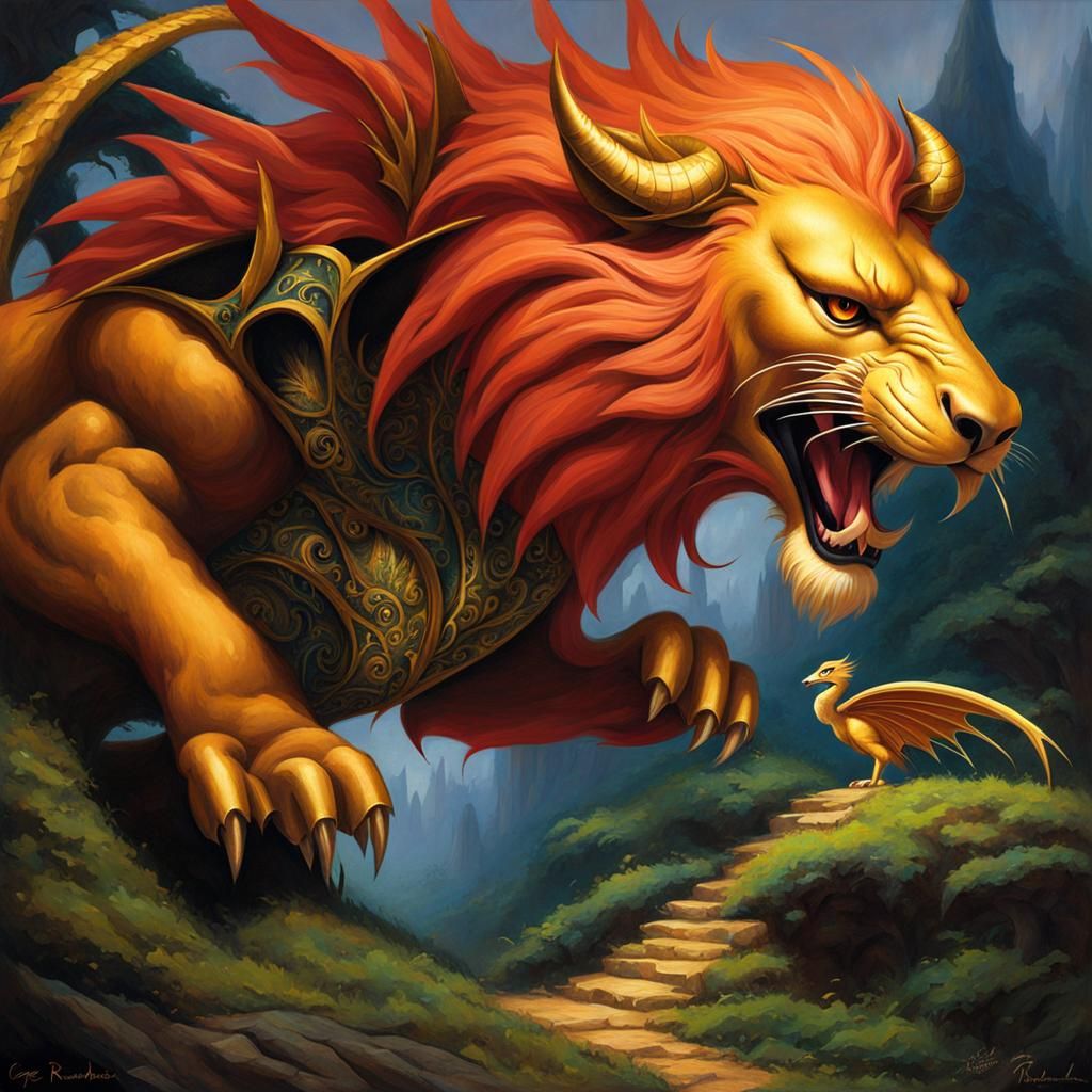 Whimsical Fairy Wonderland a lion maned dragon with wings. - AI ...