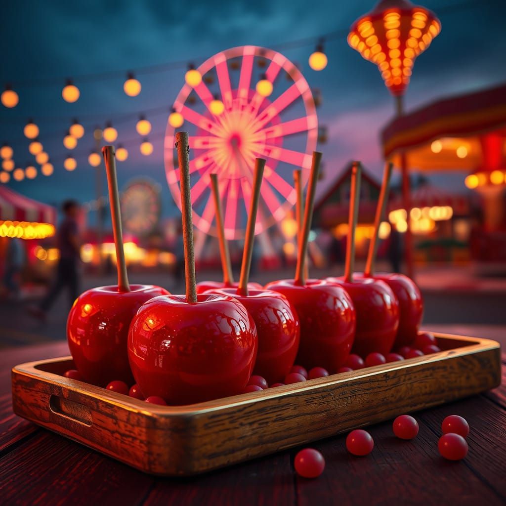 A Tray of Shiny Red Candy Apples at the Local Carnival