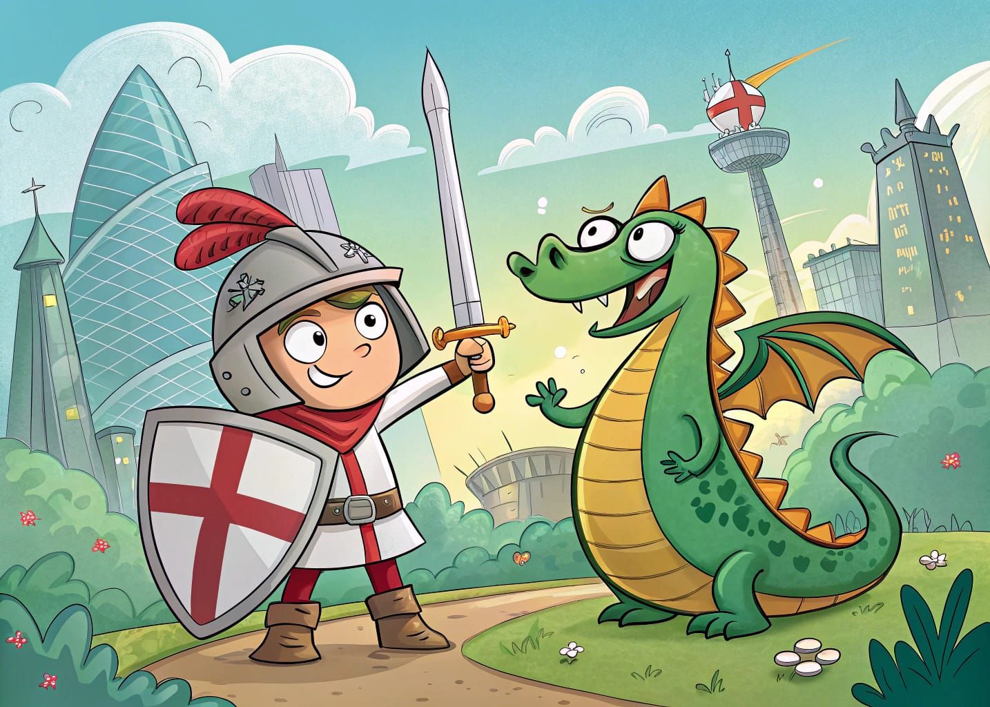 Modern Day St George vs Dragon Cartoon Icon - AI Art