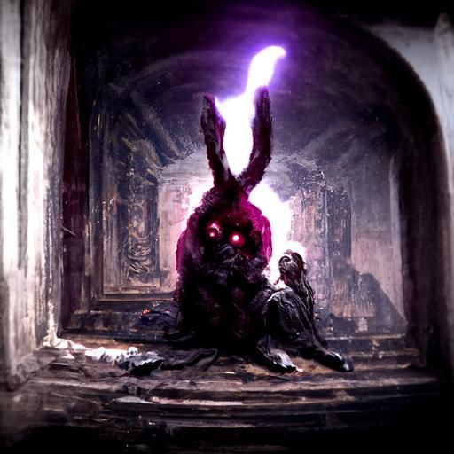 Evil rabbit with glowing purple eyes in a dark red room. - AI Generated ...