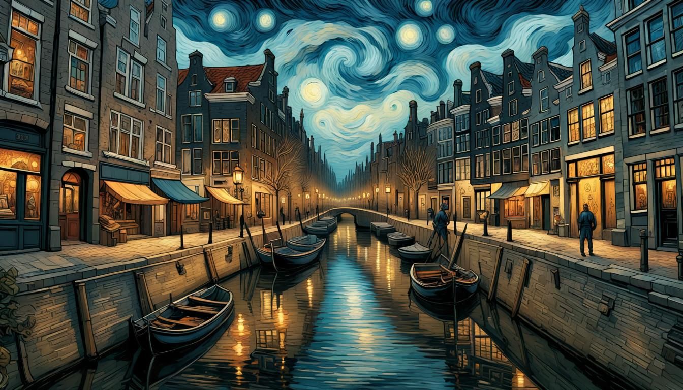 masterpiece Van Gogh painting of Dutch city scene with canal, intricate ...