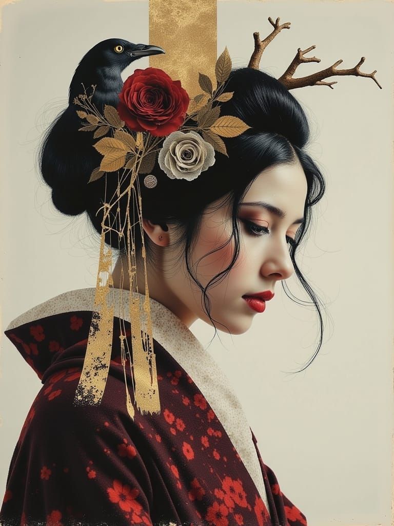 Geisha Portrait in Vibrant Textural Pastels - AI Art