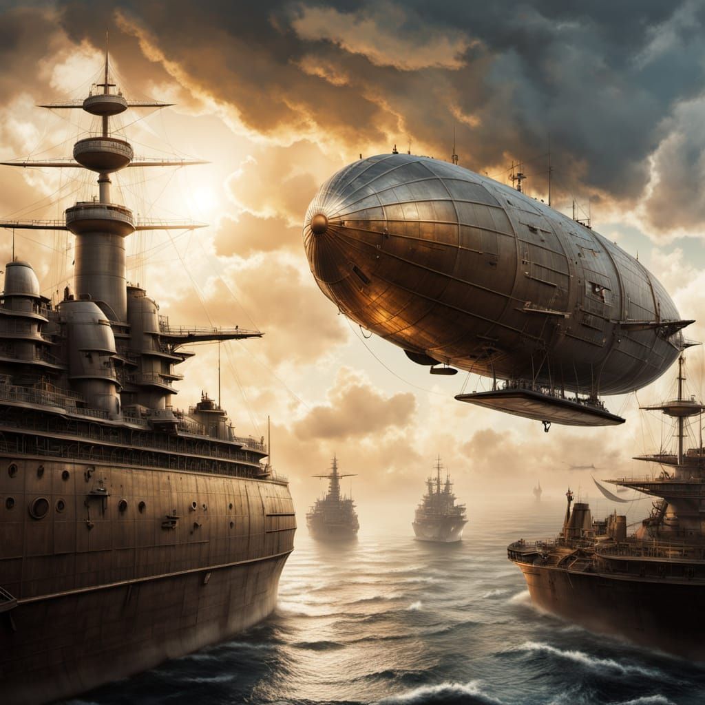 Retro-Futuristic Zeppelin Soars Above Vintage Airc... - AI Art