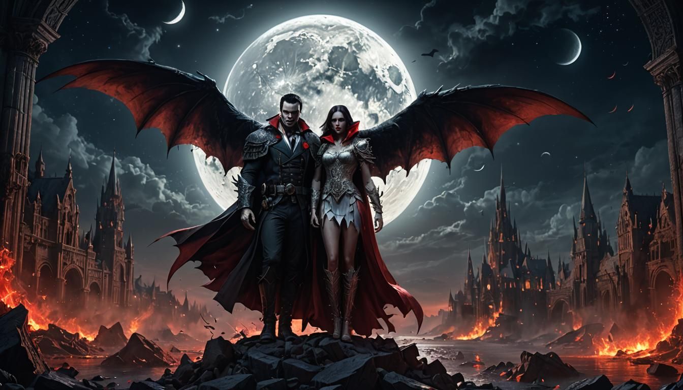 Half Angel and Half Vampire in a two moon night of which one is red and ...