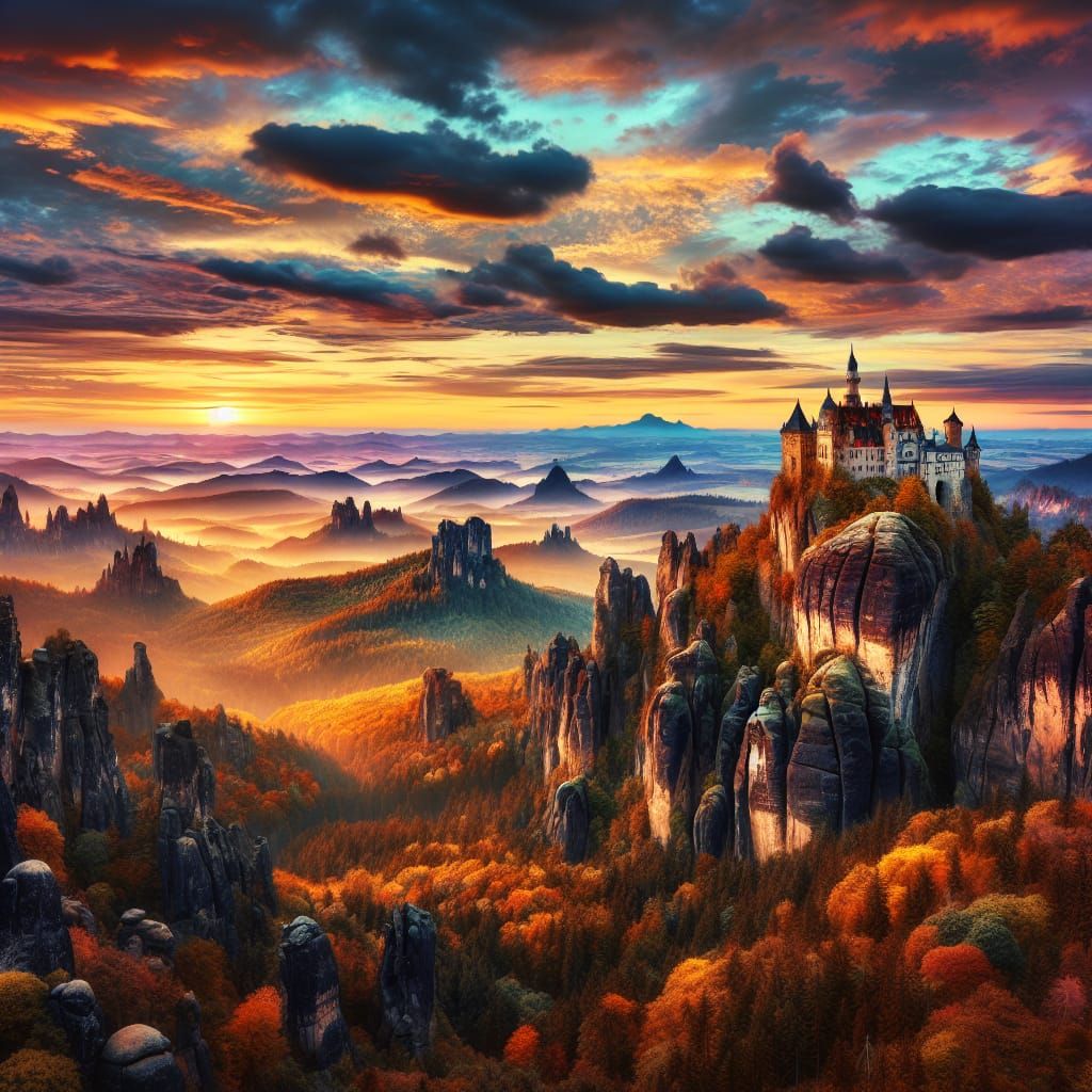 Ethereal Castle Enshrouded in a Golden Twilight - AI Art