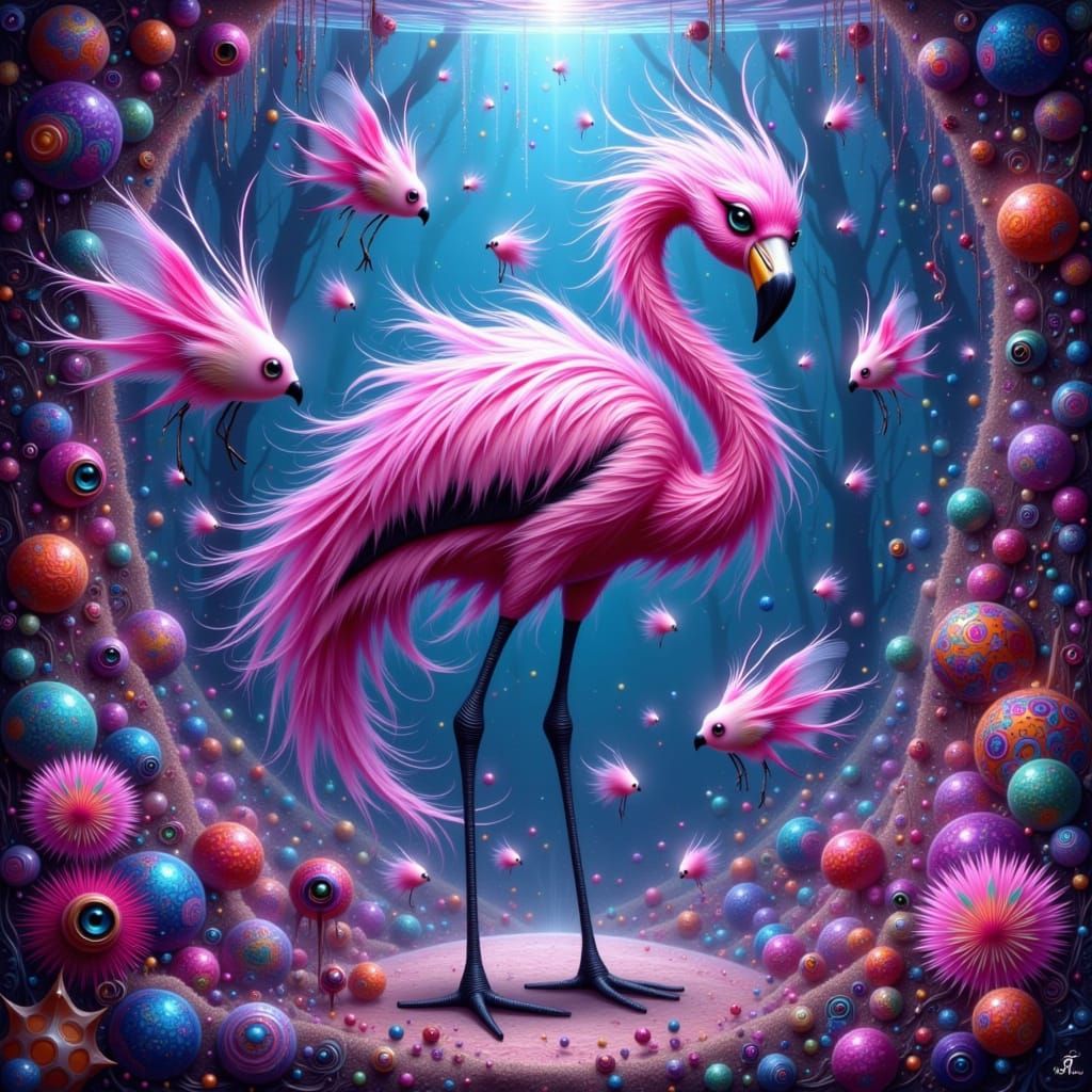Flamingo-Fish in Murakami-Inspired Alien Aquarium - AI Art