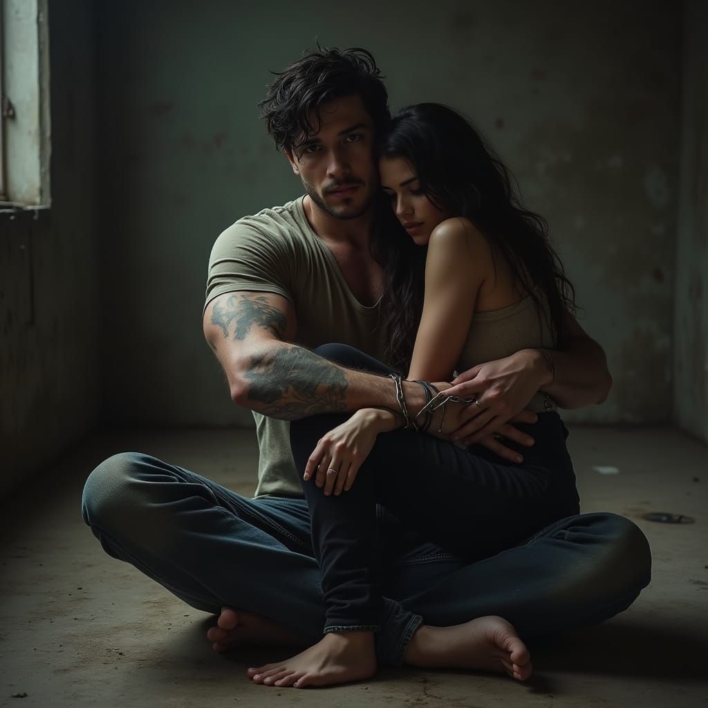 Dark and Brooding Couple in Shackles, Basement Set... - AI Art