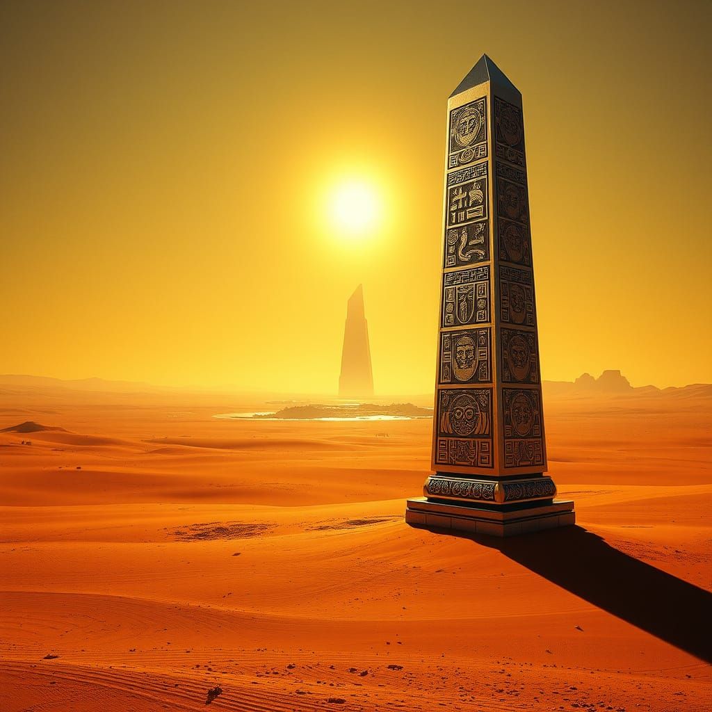 Desert Chrome Obelisk with Oasis Mirage - AI Art