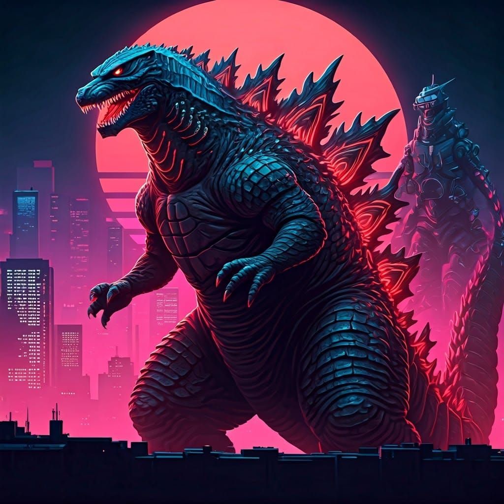 Godzilla Battles Mechagodzilla in Neon-Noir Citysc... - AI Art